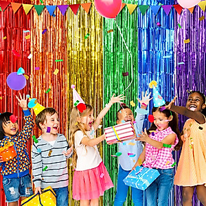 4Pack 3.3X6.6Ft Rainbow Foil Fringe Curtains Backdrop Decorations, Rainbow Metallic Tinsel Foil Streamers Curtain Photo Booth Background for Birthday Wedding Engagement Bridal Shower Party Decorations