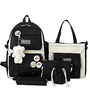 MQUN 5pcs School Bags Set Kawaii Backpacks with Pendant Lunch Bag, Pencil Case, Handbag, Coin Purse for Teen Girls School Backpack