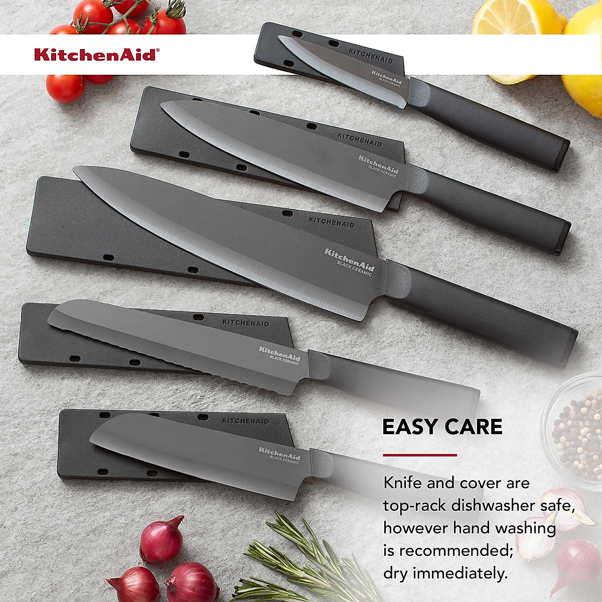 KitchenAid Classic Ceramic Chef Knife with Custom-Fit Blade Cover, Sharp Kitchen Knife, Dishwasher-Safe, 8-Inch, Black