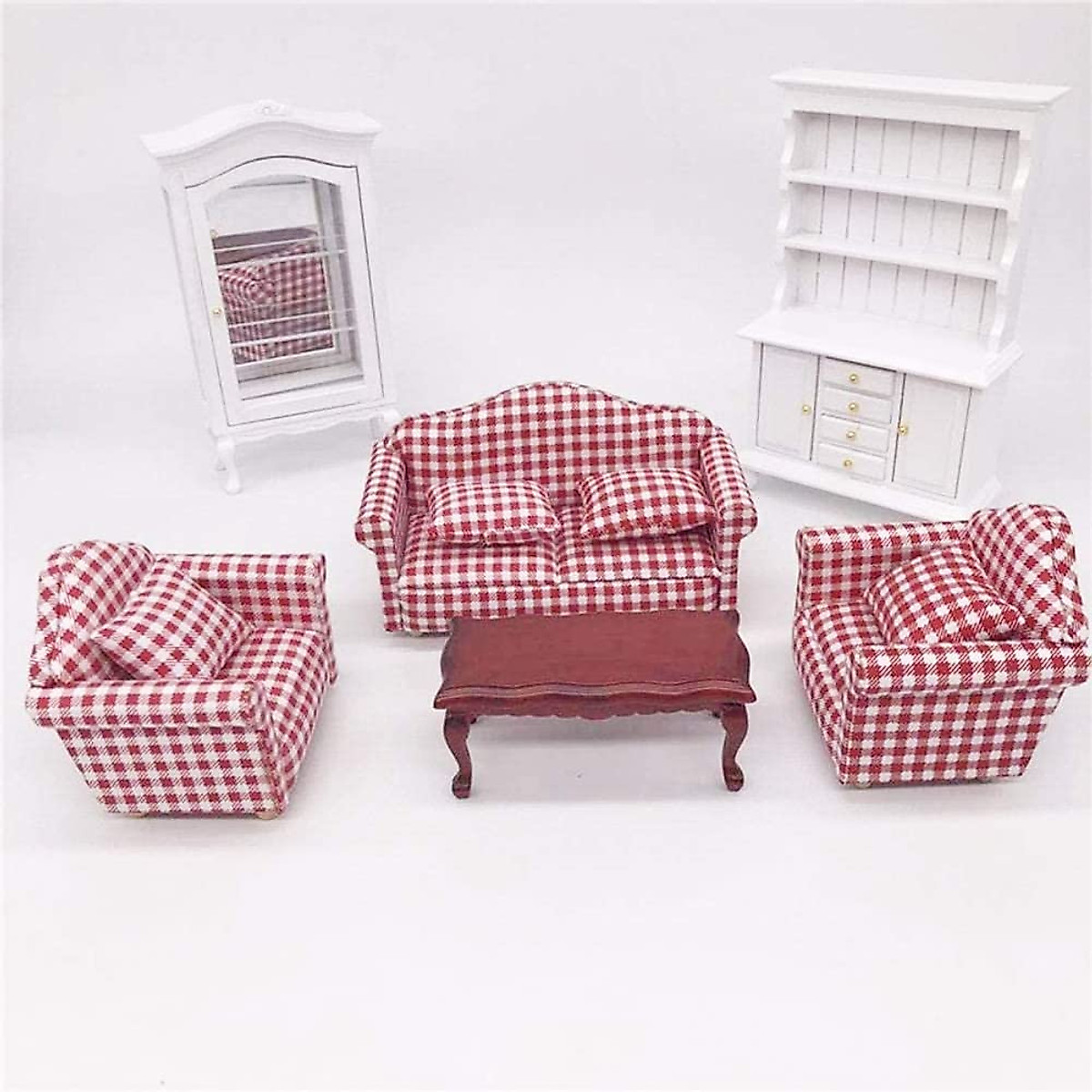 2 Sets 1:12 Scale DIY Dollhouse Sofa&Armchair with Pillow Mini Dolls House Furniture Couch&Chair Miniature Wooden Furniture Handmade Crafts Supplies Red Checkered Dollhouse Toy Dollhouse Accessories