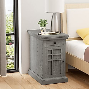 JUMMICO Side Table with Drawer & USB Ports & Power Outlets, End Table with Charging Station, Narrow Nightstand with Shelf for Small Space, Sturdy Storage Cabinet for Living Room Bedroom (Grey)