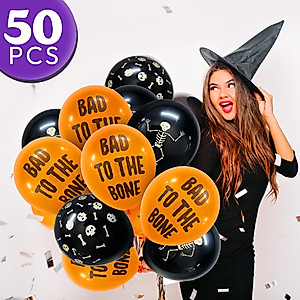 HOUSE OF PARTY 50pcs Halloween Skeleton Balloons | 12inch Black Orange Skull Latex Balloon Day of The Dead Party Supplies | Halloween Party Balloons for Malls, Bars, Homes Halloween Party Decorations