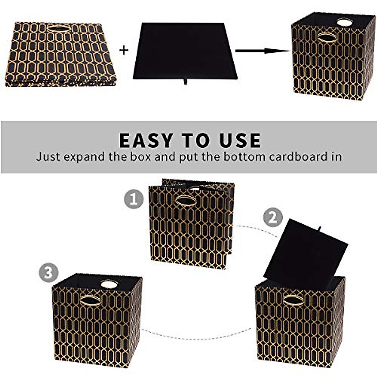 Posprica Storage Bins, Storage Cubes,13×13 Fabric Drawers Organizer Basket Boxes Containers (13×13×13/2pcs, Black/Gold Geometry Pattern)