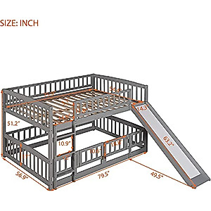 Harper & Bright Designs Low Bunk Beds Full Over Full, Wood Kids Bunk Bed with Slide, Fence and Ladder, Full Size Bunk Beds for Girls Boys, Grey
