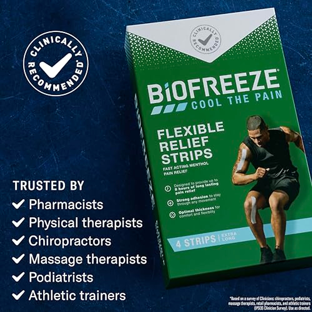 Biofreeze Pain Relief Flexible Strips Pre-Cut, 4Ct. Pain Relief for Sore Muscles, Arthritis, Backaches, Sore Joints, Sprains, Strains, and Bruises (Packaging May Vary)