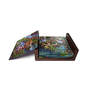 Disney Peter Pan Glass Coaster Set Decor - Thomas Kinkade - Comes with Stylish Modern Wooden Holder