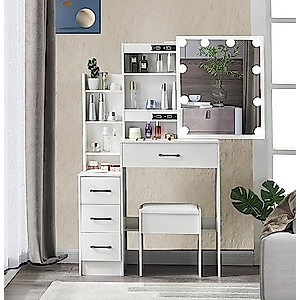 White Vanity Desk with Power Outlet,Vanity Table with Mirror and Lights,Makeup Vanity with 5 Drawers and Cushioned Stool,Modern Dressing Table Dresser for Girls Bedroom