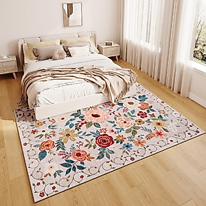 DUKINO 6x9 Area Rug, Floral Rugs for Living Room, Lightweight Non Slip Washable Rug, Indoor Low Pile & Non-Shedding Boho Design Rugs for Bedroom, Living Room, Dining Room, Beige