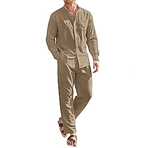 COOFANDY Linen Suits For Men 2 Piece Beach Button Down Shirt Casual Loose Pant Sets Mens Linen Beach Shirt (Khaki XL)
