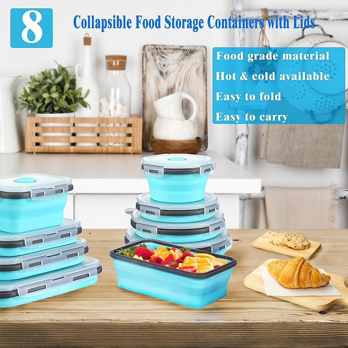 8 Collapsible Food Storage Containers With Lids, Rv Collapsible Bowls, Silicone Food Storage Containers, Camping Food Containers, Silicone Containers, Collapsible Containers for Food, Camping, Travel