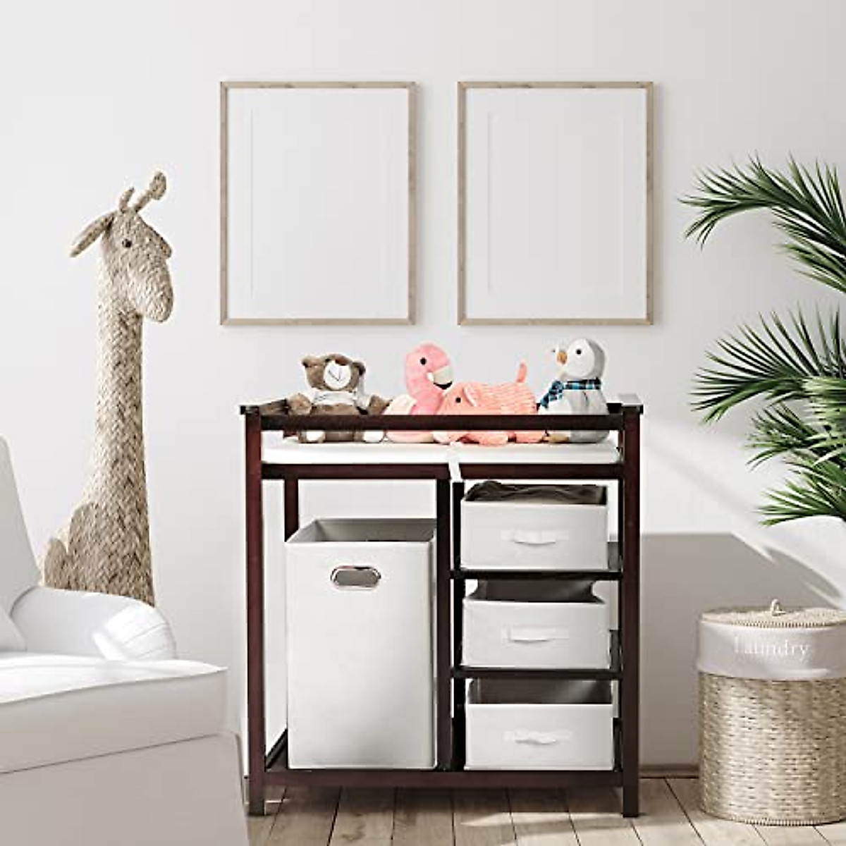 Lovin&Hugin Changing Table, Baby Diaper Changing Table with Laundry Hamper, 3 Storage Baskets and Removable Pad, Brown