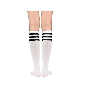 Komorebi Women's Knee High Athletic Socks Stripes Tube Sport Socks Soft Strench High Socks for Women Outdoor White Black One Size