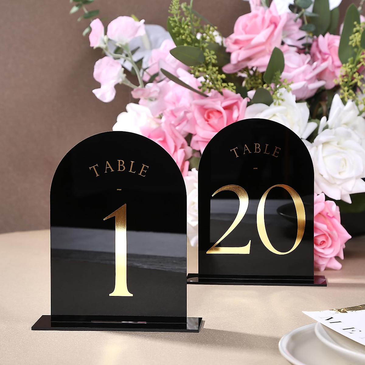 UNIQOOO Black Arch Wedding Table Numbers with Stands 1-20, Gold Foil Printed 5x7 Double Sided Acrylic Signs and Holders, Perfect for Centerpiece, Reception, Decoration, Party, Anniversary, Event