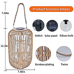 Livinlarge Solar Lantern Outdoor Waterproof, Large Rattan Solar Lantern Outdoor Hanging with Handle, Natural Bamboo Solar Outdoor Lights with Edison Bulb for Garden Patio Yard Tabletop Decoration