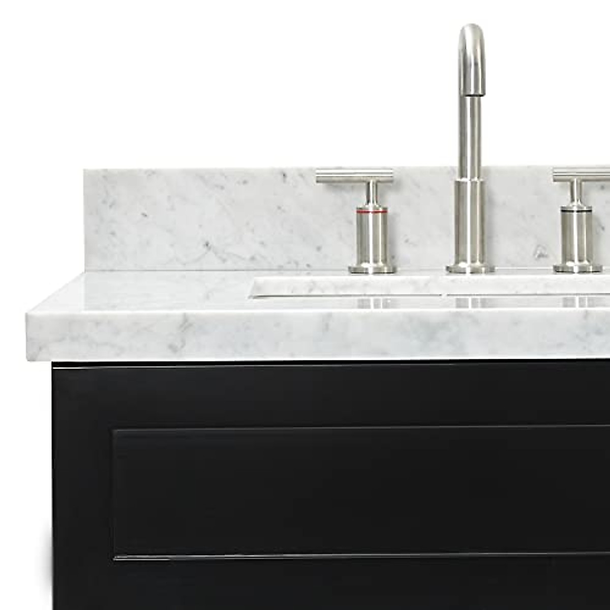 ARIEL 73" Black Double Vanity, 1.5" Edge Italian Carrara Marble Countertop & Splash, Rectangular Sink, 4 Soft Closing Doors, 3 Full Extension Dovetail Drawers, Built in Toe Kick, Brushed Nickel