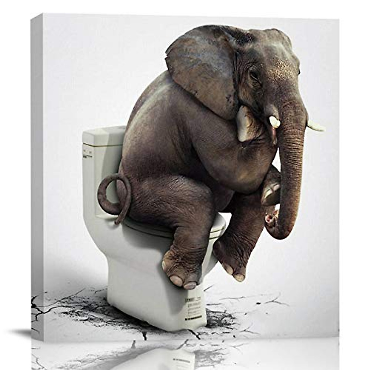 Chucoco Oil Paintings on Canvas Funny Elephant Sitting on the Toilet Abstract Wall Art Print with Framed Ready to Hang, Living Room Kitchen Bedroom Home Decorations 20x20 inch