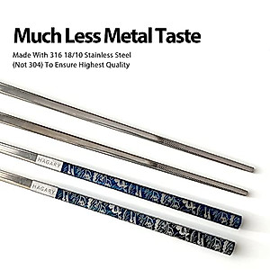 Hagary Blue Wave Chopsticks 5 Pairs Metal Chopsticks Reusable Designed In Korea Japanese Style Stainless Steel 316 18/10 Non-Slip Dishwasher Safe Laser Engraved
