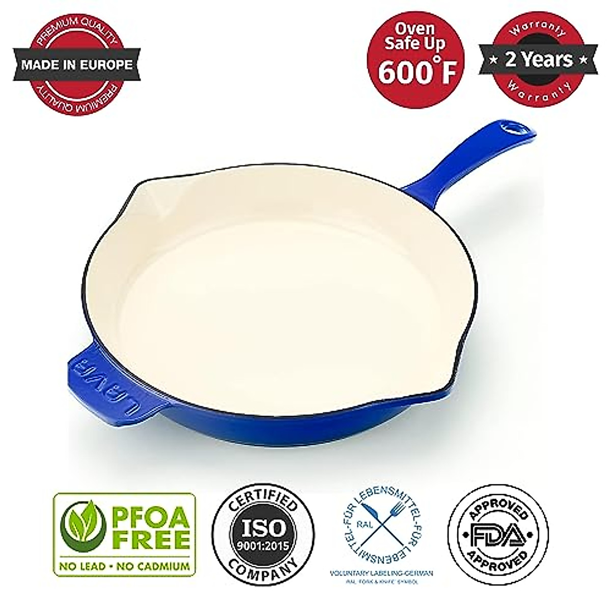 Lava Enameled Cast Iron Ceramic Skillet with Side Drip Spouts - 11 inch Round Frying Pan with White Ceramic Enamel Coated Interior - Edition Series (Blue)
