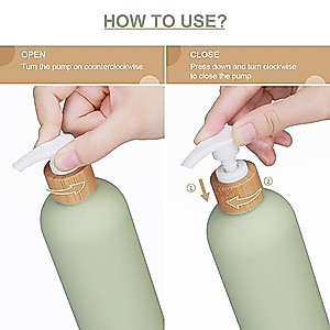UMETASS 16.9 oz Plastic Bamboo Pump Dispenser Bottles, Shampoo and Conditioner Bottles, Refillable Container for Bathroom Shower Body Wash Lotion (16.9 oz, Green)