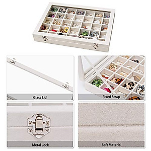 Mebbay 35 Grid Velvet Jewelry Tray Organizer Felt Jewelry Box Tray Holder with Clear Lid for Drawer, Stud Earring Necklace Bracelet Ring Healing Stones Storage (Creamy White), 13.8" x 9.4" x 2"