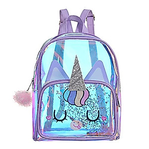 VALICLUD Clear Unicorn Backpack for Girl Holographic Backpack Clear Backpack Unicorn Transparent Backpack Clear Mini Backpack Casual Daypacks (Purple)