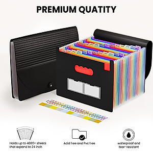 Sooez 24 Pockets Expanding File Folder with Blank Labels, According File Organizer with Expandable Cover, Desktop Accordion Folders Letter A4 Paper Document Storage Organizer, Black