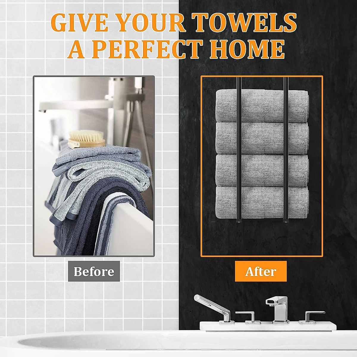 Birosnsy Towel Racks for Bathroom Wall Mounted Rolled Towel Holders Towel Storage Organizer for Small Bathroom Mounted Towel Rack Holds Hand Towels Robes Towels Washcloths in Bathroom/RV/Camper Black