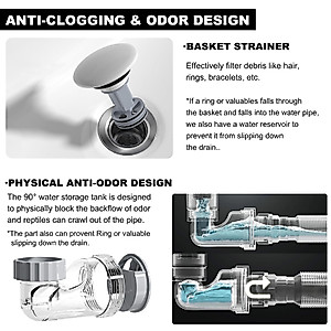 Mixbatt Bathroom Sink Drain kits with Ceramics stopper Pop Up Sink Drain Rustproof Vessel RV Sink Drain with Anti Odor Anti Clogging Scratch Resistant for Kitchen 1-1/4'' & 1-1/2'' Drain Hole