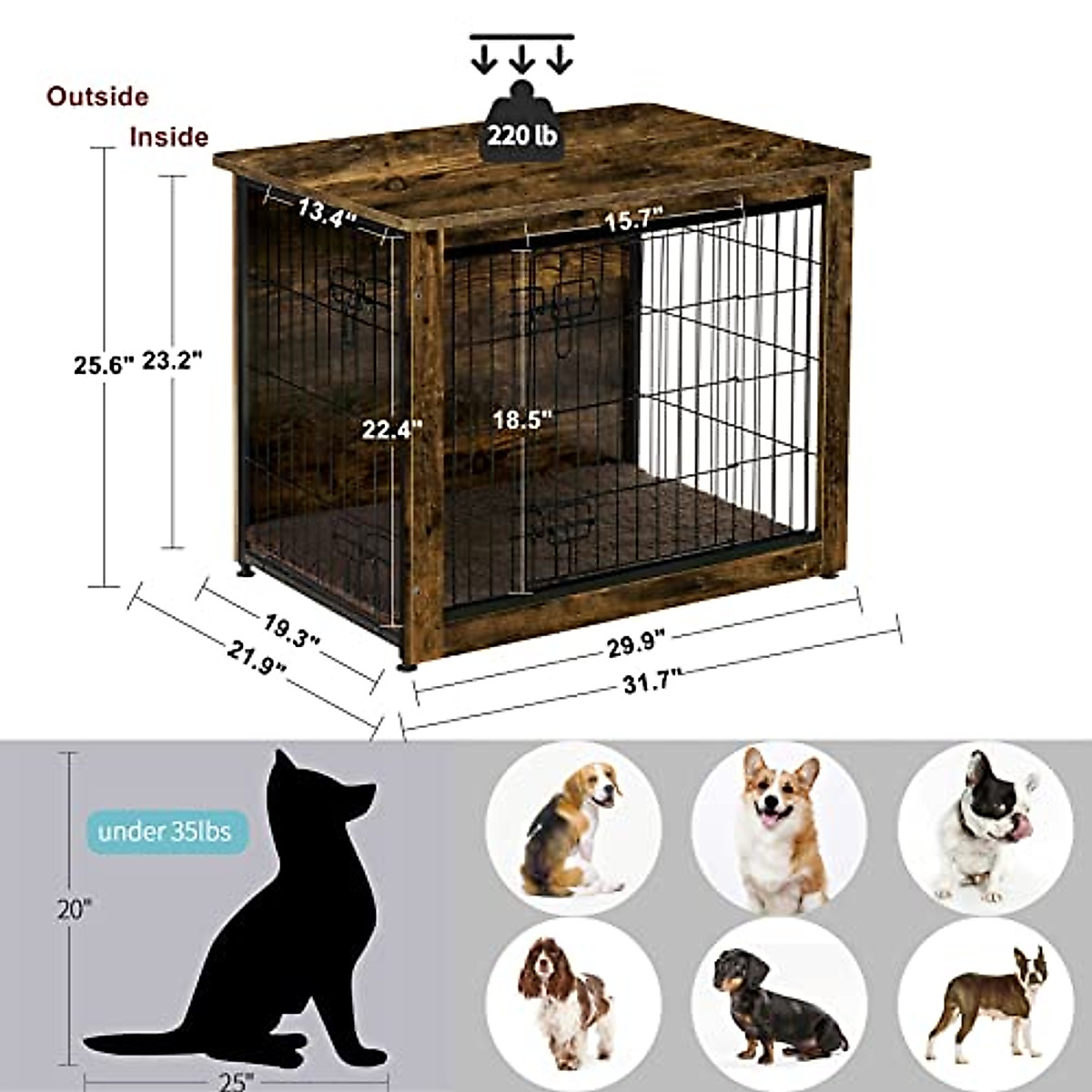 DWANTON Dog Crate Furniture with Cushion, Wooden Dog Crate Table, Double-Doors Dog Furniture, Indoor Dog Kennel, Dog House, Dog Cage Medium, 32.5" L