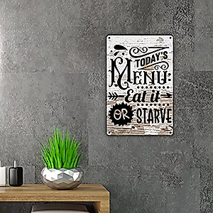 QIONGQI Funny Kitchen Quote Metal Tin Sign Wall Decor Farmhouse Rustic Today's Menu Eat It Or Starve Sign for Home Kitchen Decor Gifts