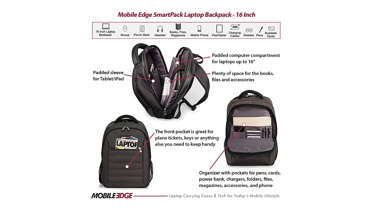 Mobile Edge Charcoal SmartPack Laptop Backpack with Padded Tablet Pocket