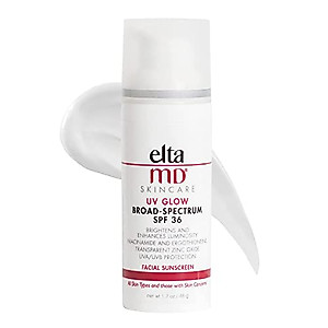 EltaMD UV Glow SPF 36 Sunscreen Moisturizer Face Lotion, Brightens and Hydrates for Glowy Skin, Broad Spectrum Mineral Face Sunscreen with Zinc Oxide, Non Greasy, Oil Free, 1.7 OZ Pump