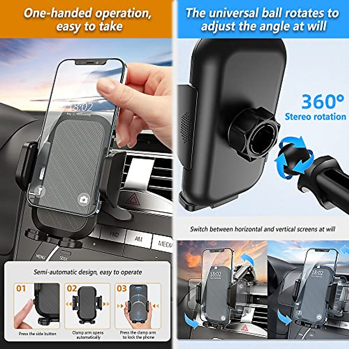NHHC Car Phone Holder Mount,Dashboard/Windshield/Air Vent Cell Phone Holder,Anti-Shake Handsfree 360°Rotatable and Retractable Car Phone Holder,Compatible iPhone 14 13 12 Pro Max/All Smart Phones