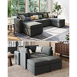 LINSY HOME Modular Sectional Sofa, Convertible U Shaped Sofa Couch with Storage, Memory Foam, Modular Sectionals with Ottomans, 6 Seat Sofa Couch with Chaise for Living Room, Dark Grey