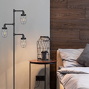 CONCA Steampunk Three Head Floor lamp, Tree Industrial Floor lamp, Rustic Edison Bulb, cage Shade Floor lamp (Black)