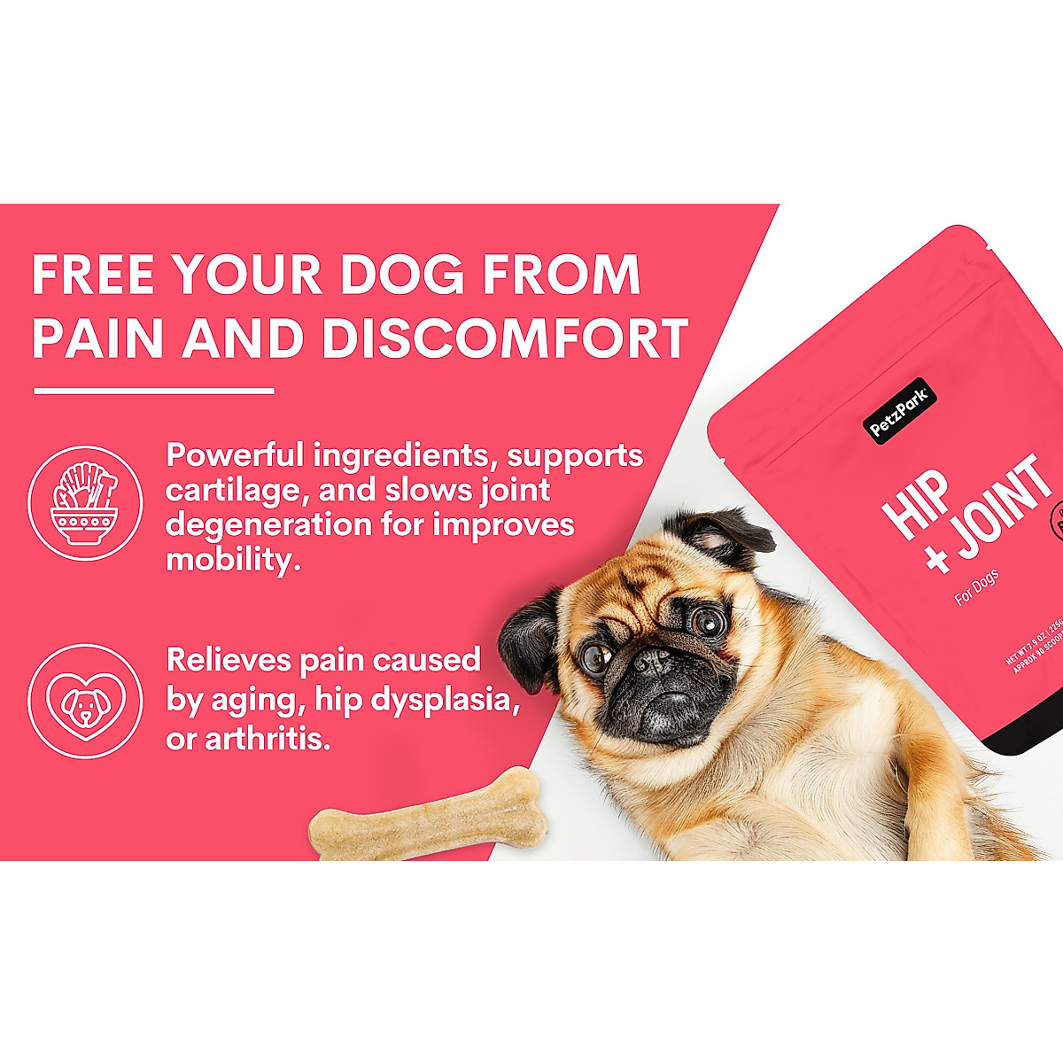 Petz Park Glucosamine for Dogs - Hip & Joint Support Powder with Chondroitin & MSM - Arthritis Pain Relief, Hip Dysplasia Treatment - 800mg Glucosamine - 90 Scoops