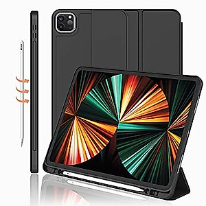 iMieet New iPad Pro 12.9 Case 2022(6th Gen)/2021(5th Gen) with Pencil Holder [Support iPad 2nd Pencil Charging/Pair],Trifold Stand Smart Case with Soft TPU Back,Auto Wake/Sleep(Black)