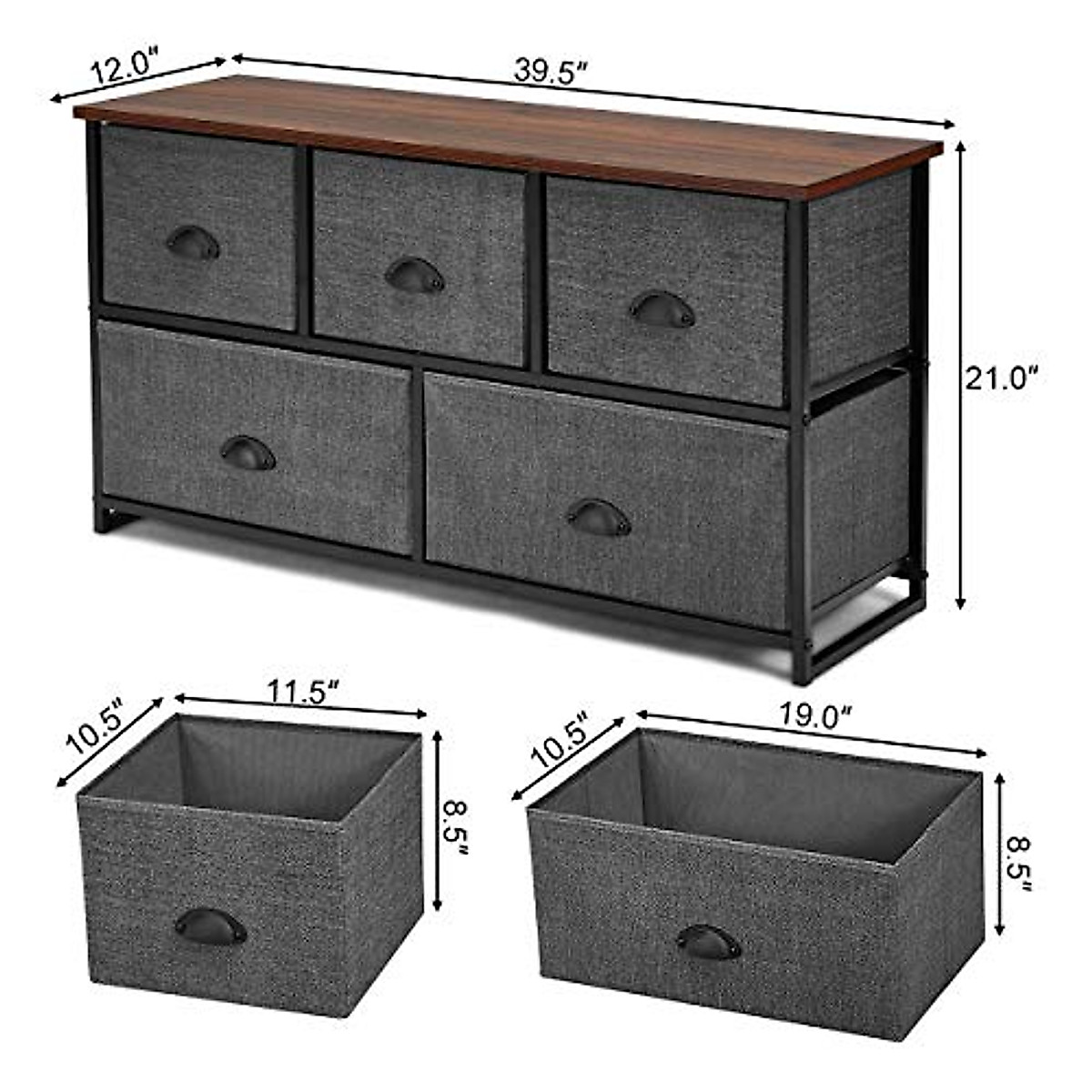 Giantex Dresser Storage Tower W/ 5 Foldable Cloth Storage Cubes,Wood Top Easy Pull Removable Fabric Bins, Organizer Unit 39.5’’(L)X12’’(W)X21’’(H) for Bedroom, Closet, Hallway, Nursery Room(Black)