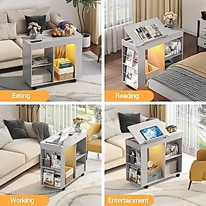 Cyclysio Adjustable End Table, Mobile Side Table with Power Outlets, 3-Tier Laptop Table with Adjustable Top Board, Storage Bedside Table with LED Lights, Rolling End Table, Livingroom, Bedroom, Grey