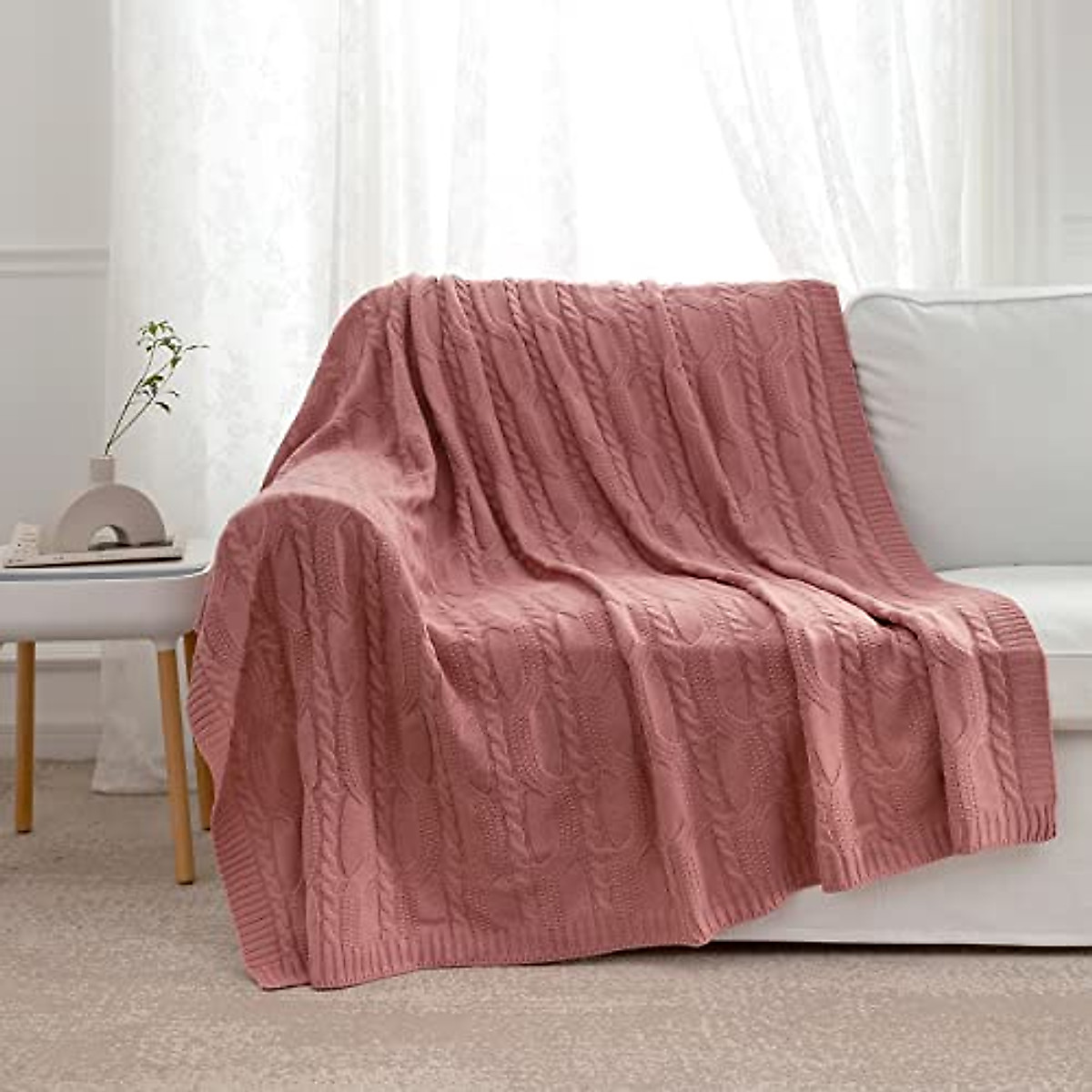Aormenzy Dusty Pink Knit Throw Blankets Cable Knit Decorative Throw Blanket Dusty Rose Soft Cozy Knitted Blanket for Sofa Couch Bed, 50" x 60"