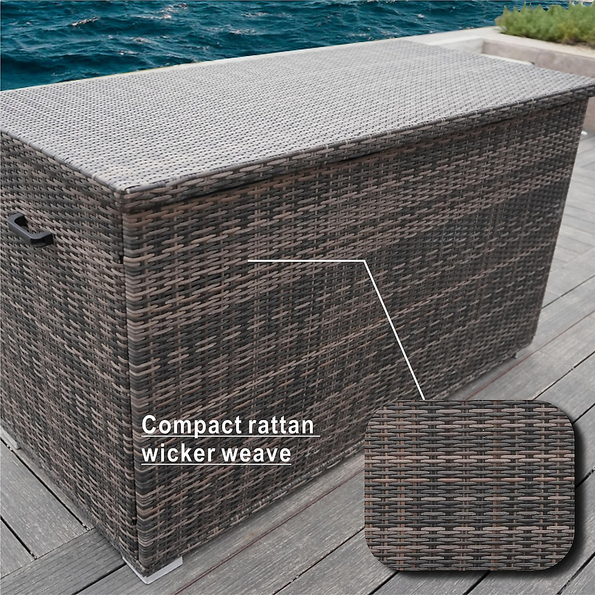 Direct Wicker Large Deck Box 296 Gallon Waterproof Outdoor Storage Box,Cushion Storage Wicker Box Brown,(Aluminum frame) 66.93"