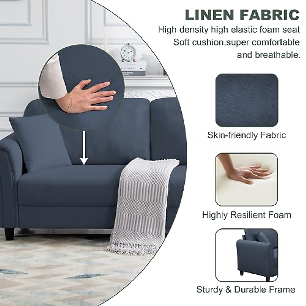 FREESNOOZE 81.5'' Linen Upholstered Sofa, Modern 3 Seater Sofa Couch with Back Cushions and 2 toss Pillows for Living Room/Bedroom/Apartment(Dark Blue)