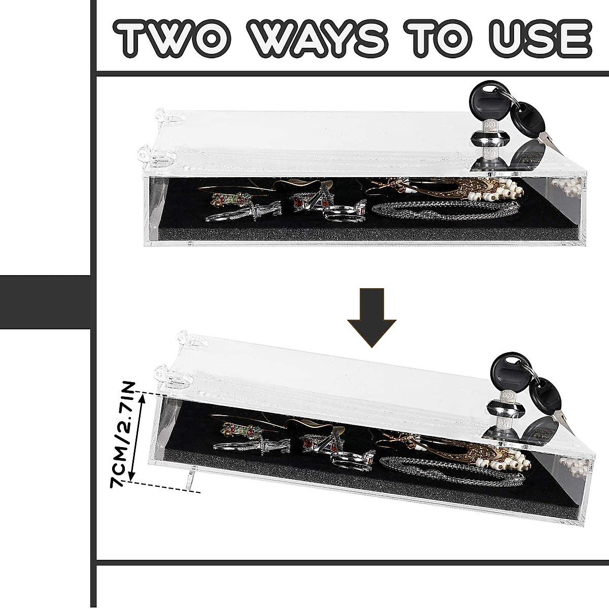 Weysat Acrylic Locking Display Case for Jewelry, Clear Rectangular Display Box Security Showcase Safe Box with Lock and Key Black Padding for Jewelry Selling Collector Watches Knives