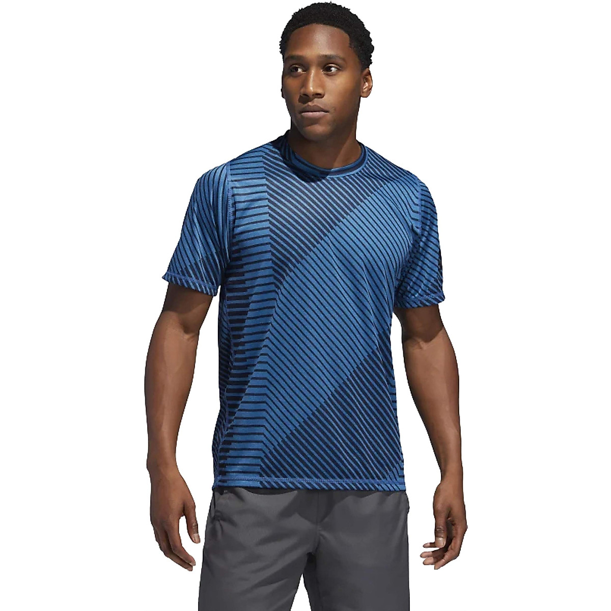 ADIDAS Men's FreeLift Sport Heather Strong All-Over-Print Graphic Shirt, Shock Cyan/Legend Marine Large