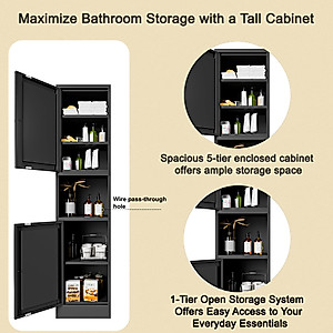 Boegica 67" Tall Metal Bathroom Storage Cabinet,6-Tier Freestanding Linen Tower Cabinet with 2 Doors and 1 Open Compartment,Narrow Slim Bathroom Floor Cabinet for Small Spaces,Modern,Black