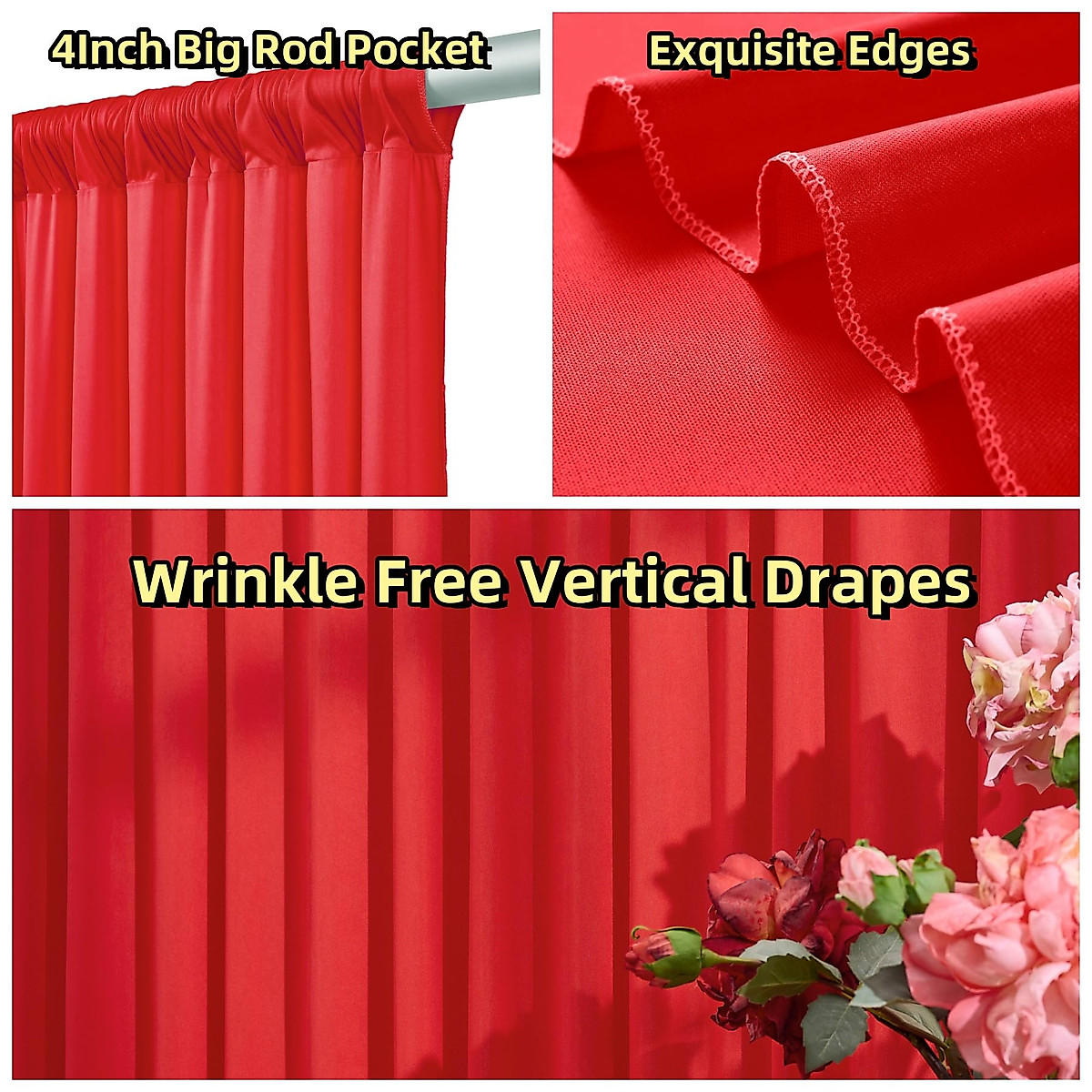10 ft x 20 ft Wrinkle Free Red Backdrop Curtain for Parties, Polyester Photography Backdrop Drapes for Birthday Party Baby Shower, Thick Background Curtain for Backdrop Stand, 4 Panels 5 ft x 10 ft