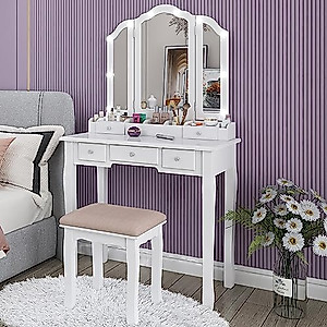 Longtesun Makeup Vanity Set Teen Vantity Set White Vanity Desk with Mirror and Lights Vanity Table with Lights Makeup Vanity with Lights Vanity Mirror with Lights Desk and Chair Makeup Vanity Table