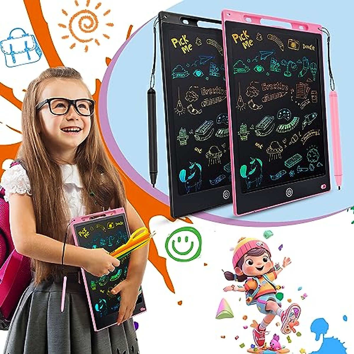 LCD Writing Tablet 2 Packs Toddler Toys, 12 Inch Doodle Board Drawing Pad Gifts for Kids Games, Erasable Colorful Drawing Board Toy Christmas Birthday Gift for 2 3 4 5 6 7 Years Old, Pink Black