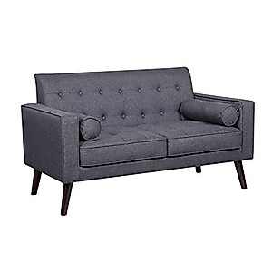 Container Furniture Direct S5300-L Valadez Linen Upholstered Tufted Mid-Century Modern Loveseat with Bolsters, Dark Grey