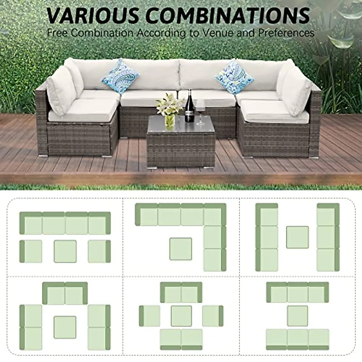 MEINV 7 Piece Patio Furniture Sofas Set, PE Rattan Sectional Couch Conversation Sets, Outdoor Waterproof Sofa Chair Wicker with Coffee Table and Cushion for Homes Porch Deck Gardens (Brown-Apricot)